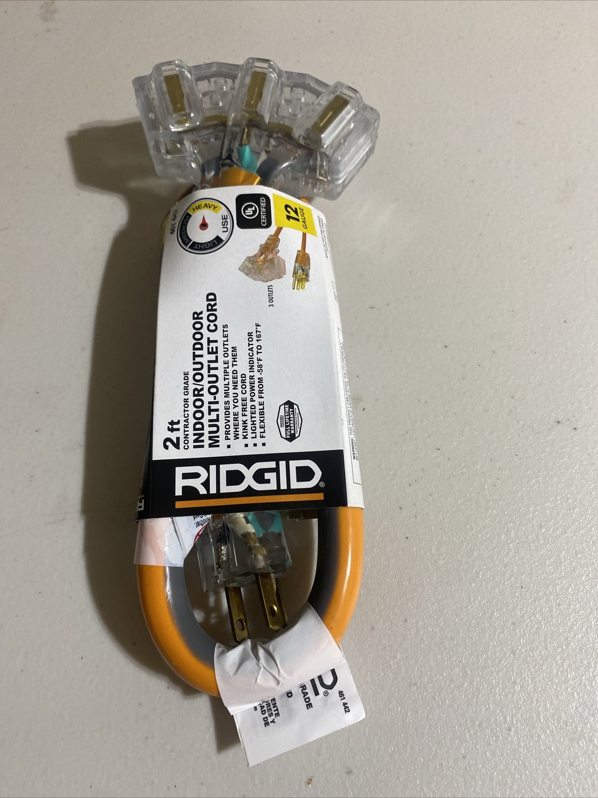 RIDGID 2 FT 12 Gauge 15a Heavy Duty Lighted Triple Extension Cord for ...