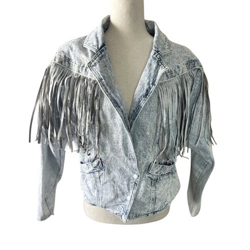 Vtg 80s Acid Washed Denim Jacket White Leather Fringe Size M Festival ...