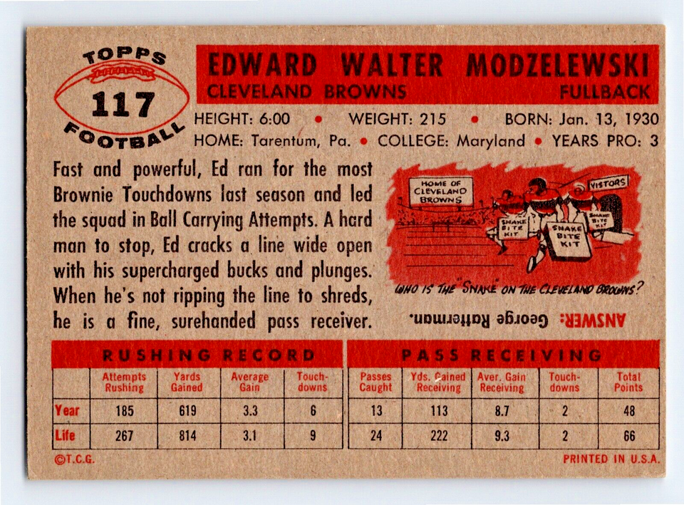 1956 Topps Football Card #117- Ed Modzelewski- Cleveland Browns (B) | eBay