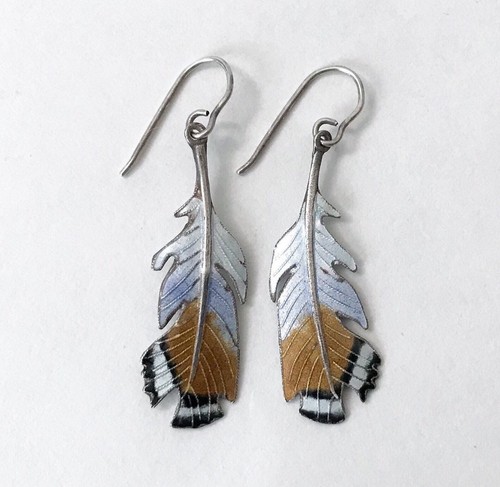 Nice Enamel Feather Earrings Dangle Hook Blue Brown Sterling Silver ...
