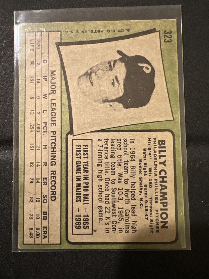 1971 Topps Baseball Card #323 Billy Champion - Low To Mid Grade - G/VG ...