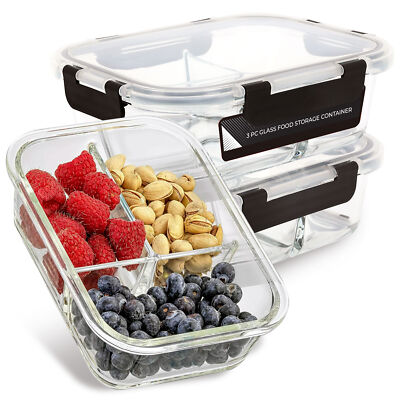 3Pc Glass Meal Prep Containers 3 Compartment Snap Lock Lid Food Storage ...