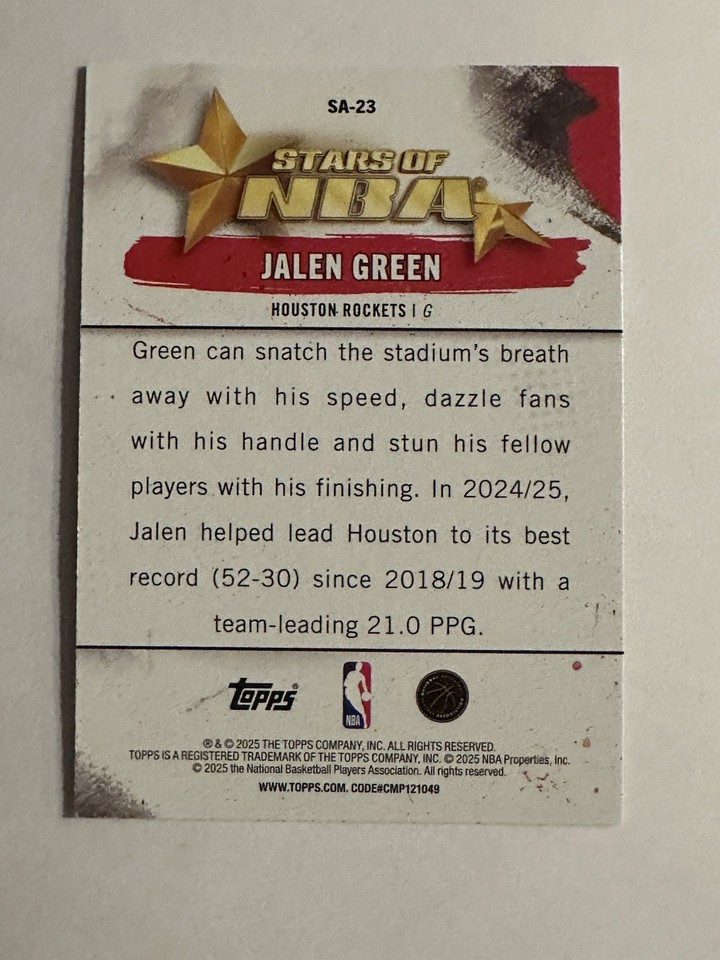 Jalen Green 2025-26 Topps Basketball Stars Of NBA Green Rainbow 27/99 ...