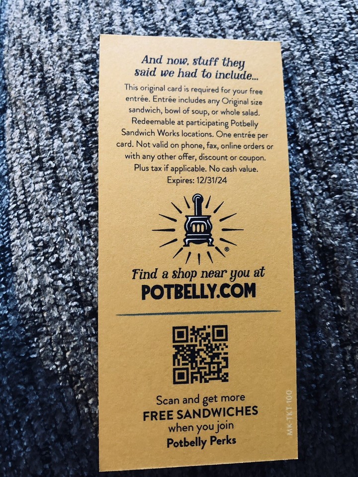Potbelly Sandwich Shop Coupon For Entree 10 Pack | eBay