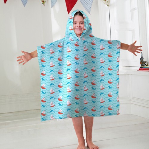 Kids Hooded Towel Poncho Dolphin & Boat Design Childrens Bathrobe Swim ...