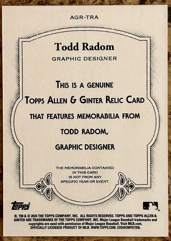 2024 Topps Allen and Ginter Subject Used Shirt Relic Todd Radom Graphic ...