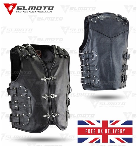 Men's Genuine Cow Leather Heavy Studded Rocker Biker Motorcycle Vest ...