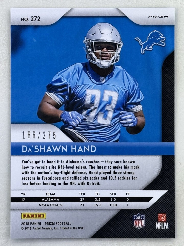 Da'Shawn Hand 2018 Panini Prizm Rookie Hyper Prizm RC /275 #272 NFL ...