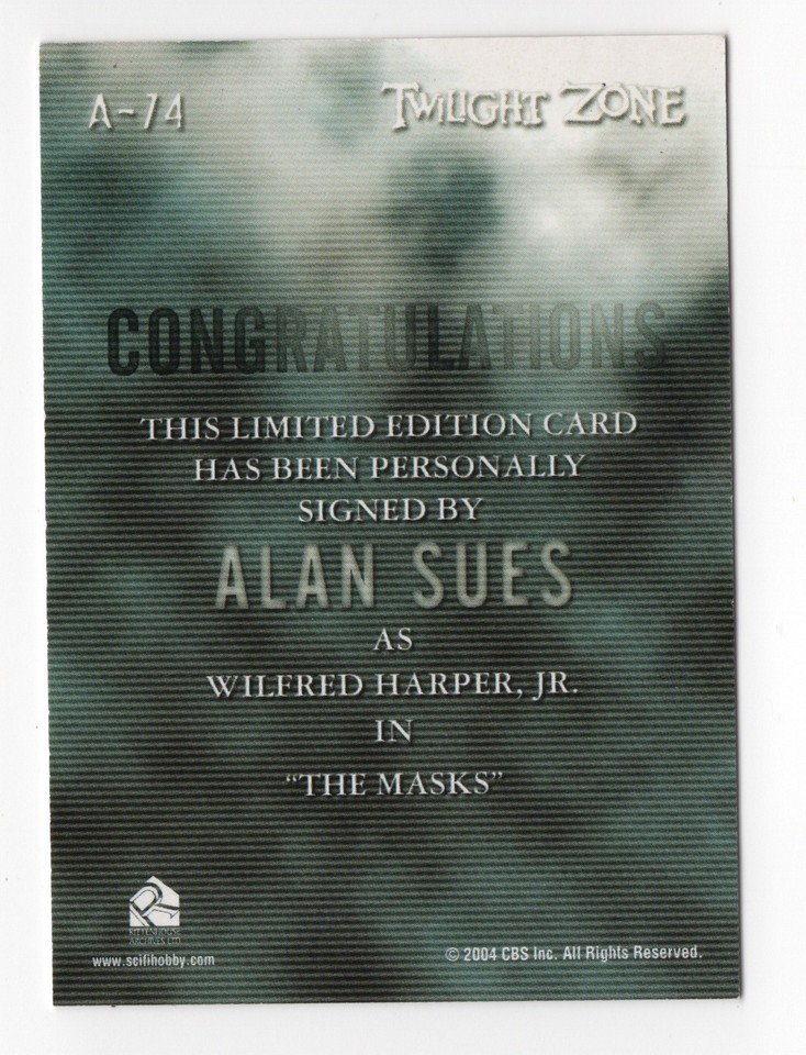 Alan Sues as Wilfred Harper Jr. Twilight Zone Series 4 Autograph Card ...