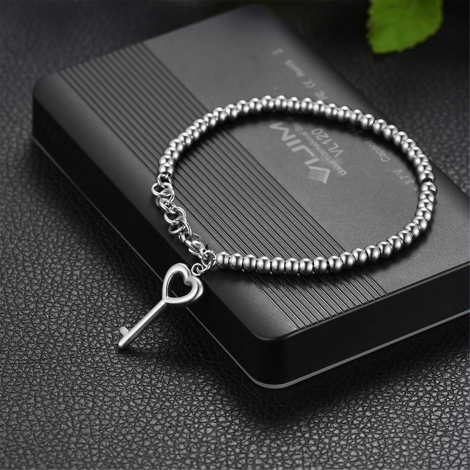 2pcs Stainless Steel Lock&Key Charm Couple Bracelet Beads Bangle For ...