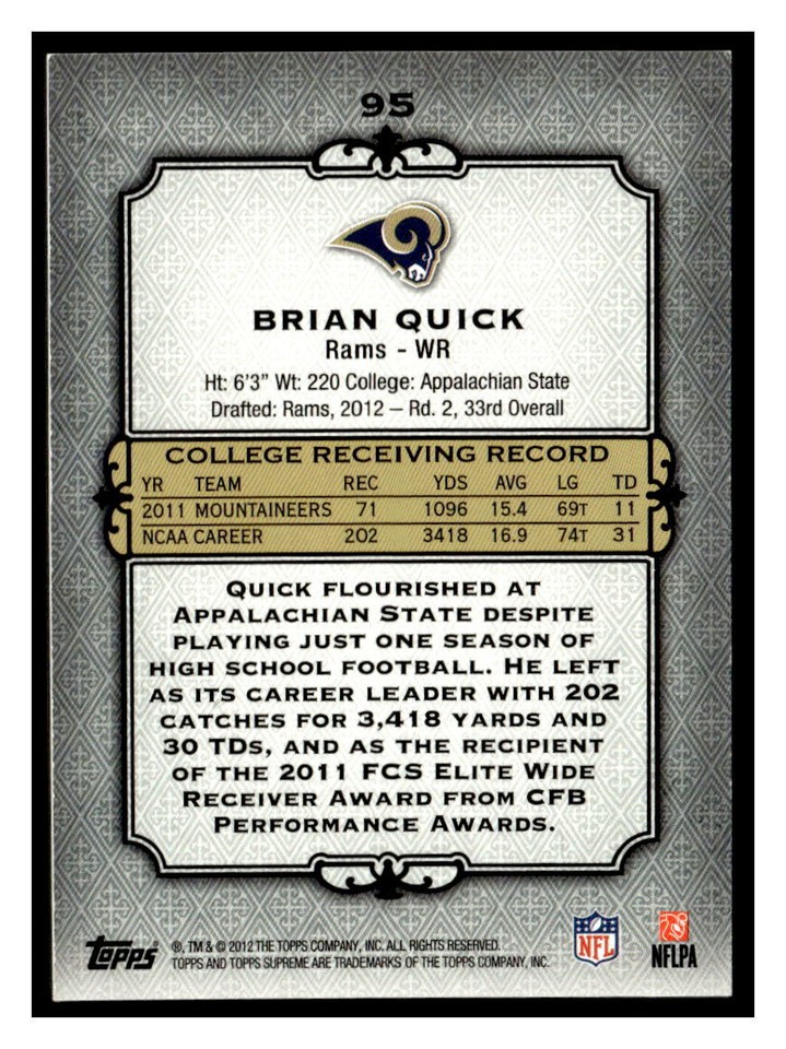 Brian Quick 2012 Topps Supreme 95 SN75 Purple | eBay