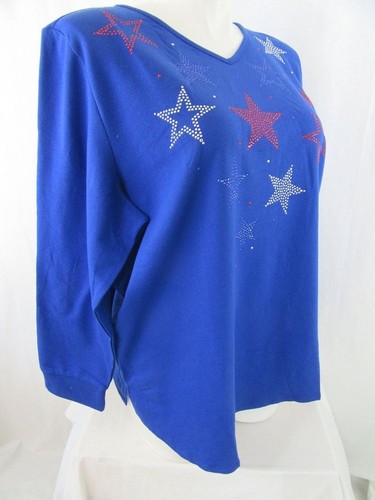 Quacker Factory Size 1X Blue Star Studded Long-Sleeve V-Neck Sweatshirt ...