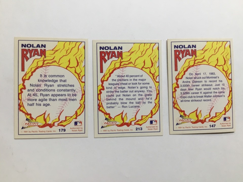 P456 1991 Pacific Trading Cards Nolan Ryan#147, 179, 213 "received as ...