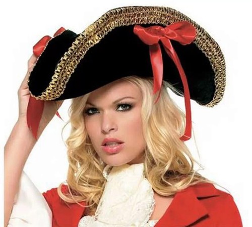 LEG AVENUE Black Velvet Pirate/Captain Hat w/Gold Braid Trim, Red Bows ...