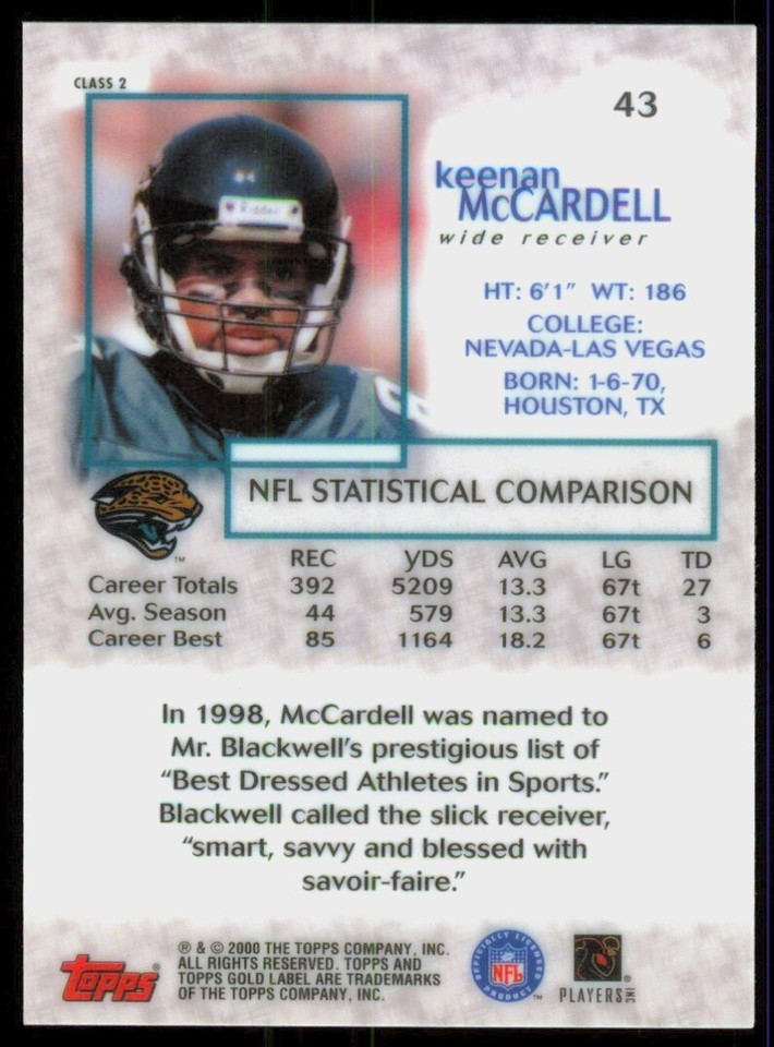 2000 Topps Gold Label Class 2 Keenan McCardell Jacksonville Jaguars #43 ...