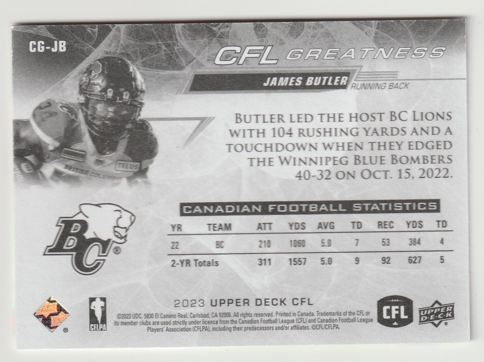 2023 UD CFL James Butler CFL Greatness BLUE CG-JB BC Lions 195/299 | eBay