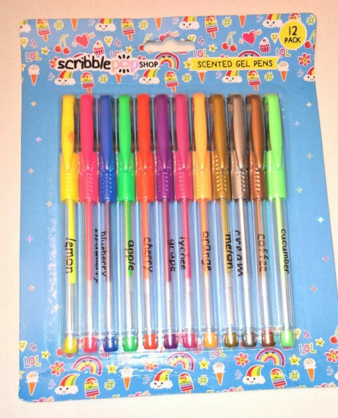 12 Scented GEL Pens Coloured Ink Coffee Fruit Cucumber Cream Scribble ...