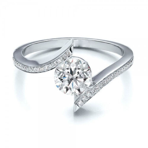 Classic Bypass Shank 1.2Ct Round Cut CZ Pavé Wedding Engagement Ring ...