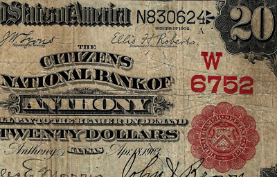1902 $20 The Citizens National Bank of Anthony Kansas RED SEAL (AJEJ ...