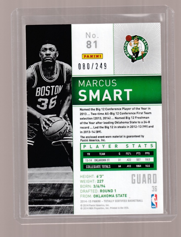 2014-15 Panini Totally Certified Marcus Smart Rookie Jersey card # 080/ ...