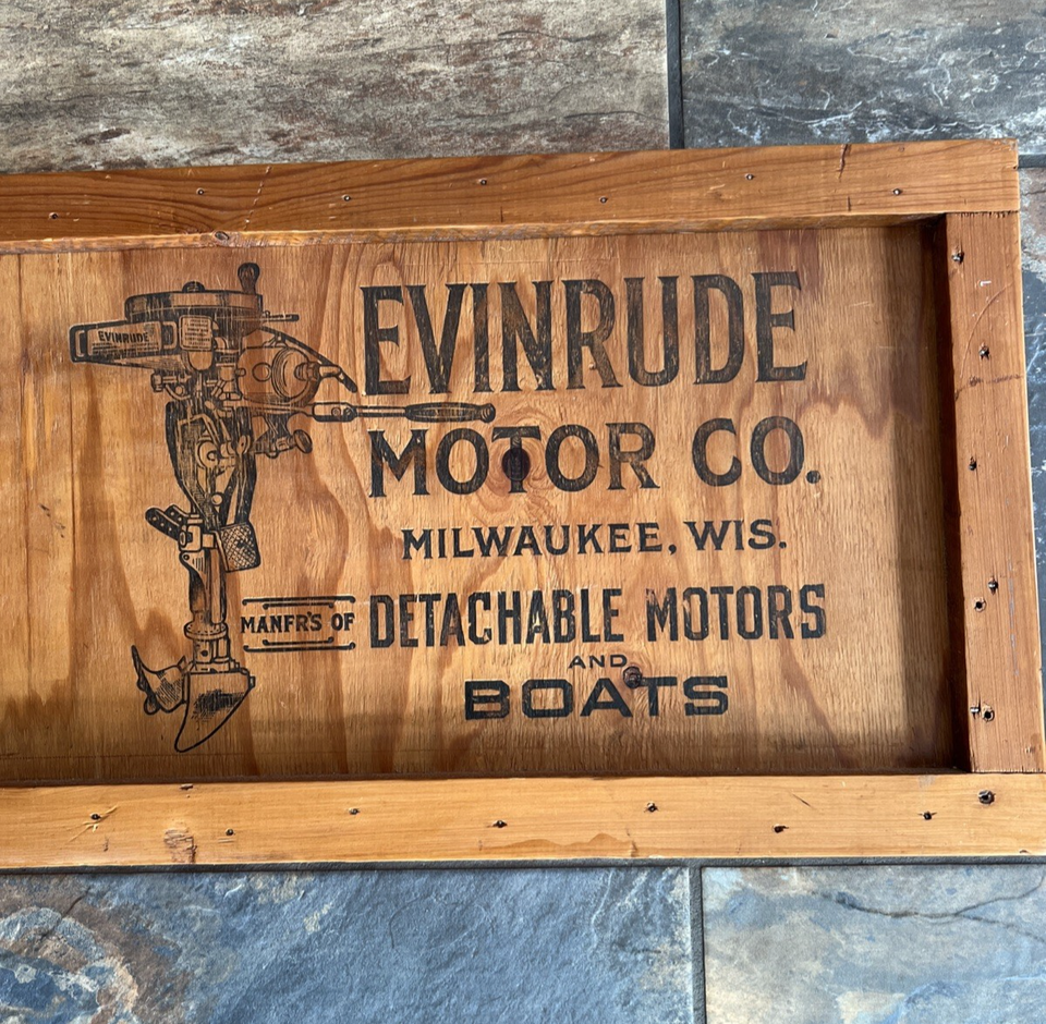 ATQ. 1940's WOOD EVINRUDE BOAT MOTOR CRATE TOP FRAMED CHICAGO MILL ...