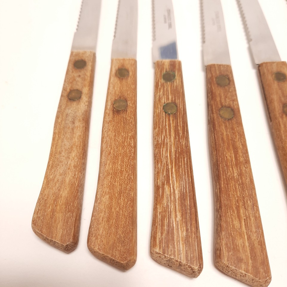 Vintage 6 Pc Steak Knives Serrated Stainless Steel Wood Handles 5 Japan ...