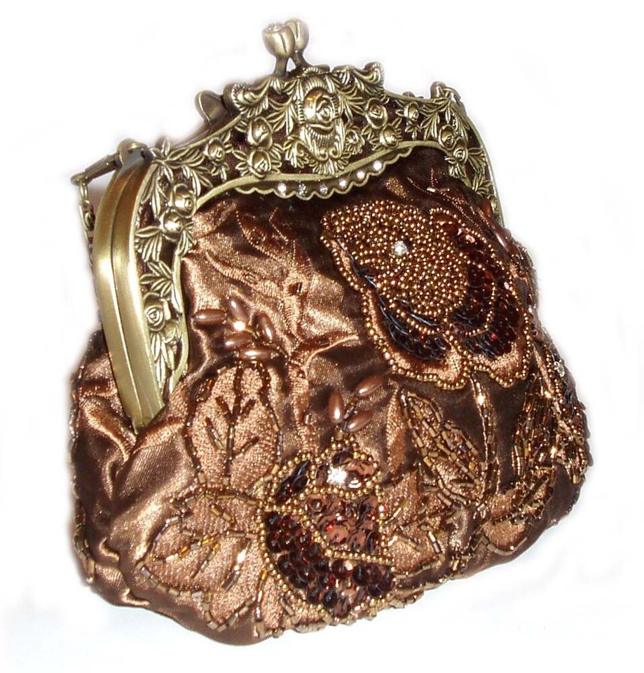 New Vintage Bronze Beaded Rose Flower Pattern Evening Handbag Purse ...