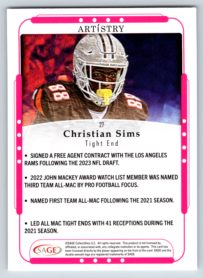 Christian Sims 2023 Sage Artistry RC #27 Bowling Green Rookie | eBay
