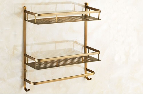 Antique Brass Wall Mounted Two-tier Bathroom Storage Rack with Hooks ...