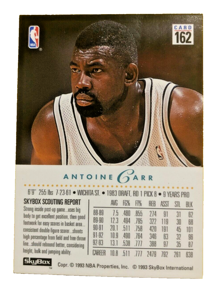 ANTOINE CARR #35 1993 San Antonio SPURS Forward Card #162 NBA Hoops All ...