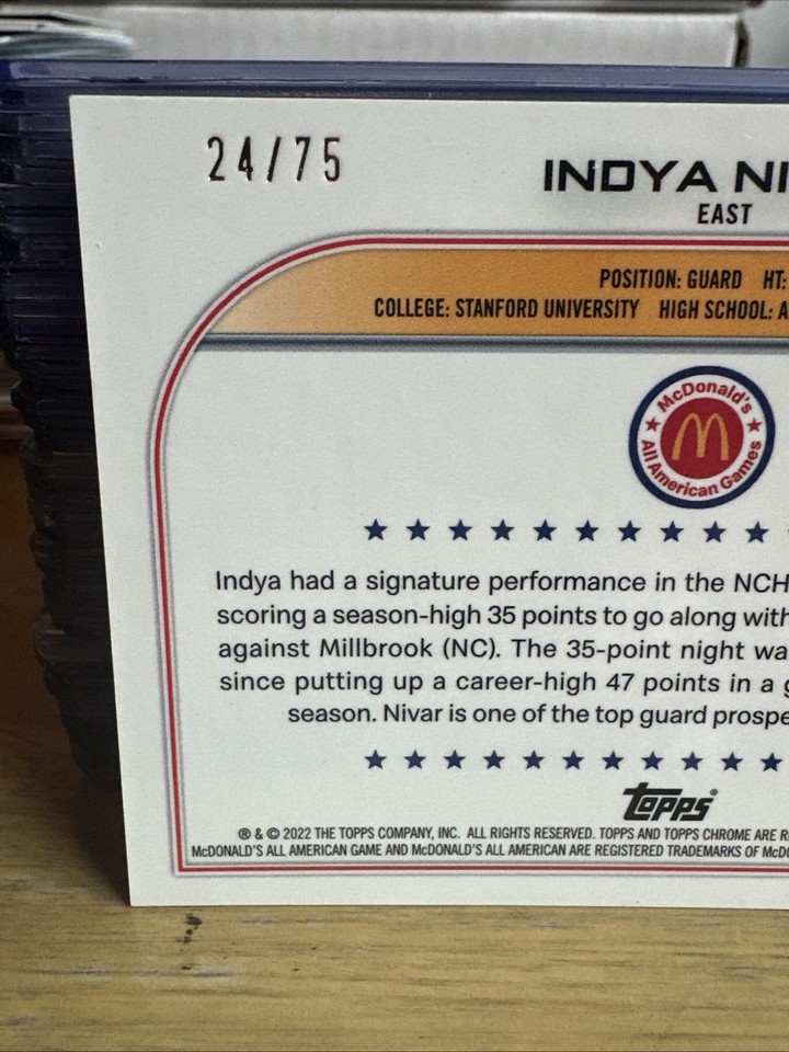 2023 Topps Chrome McD’s All-Amer. 24/75 Indya Nivar #78 UNC Tar Heels ...