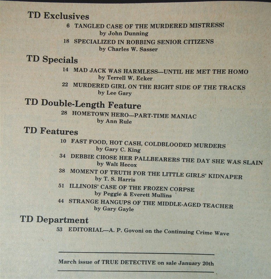 True Detective Feb 1982 VF/NM hero part time maniac frozen corpse met ...