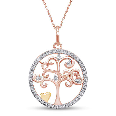 2/5ct Diamond Two Tone Tree of life Heart Pendant 18" Necklace 14k Rose ...