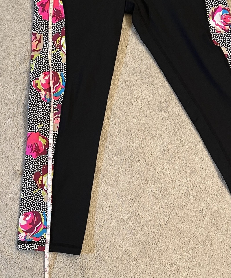 Betsey Johnson Leggings Capri Black Floral Stripe Performance Yoga ...