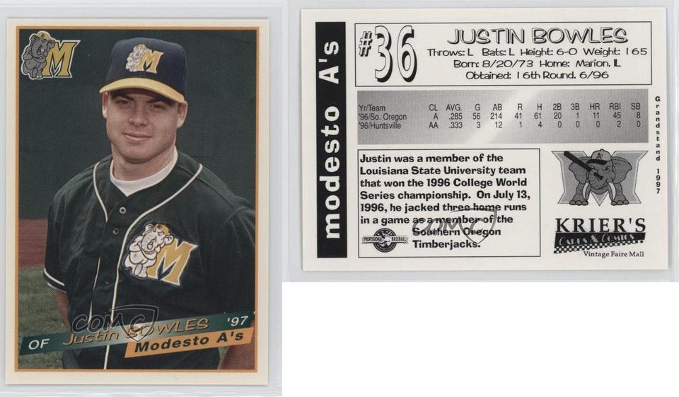 1997 Grandstand Modesto A's Justin Bowles 0kz8 | eBay