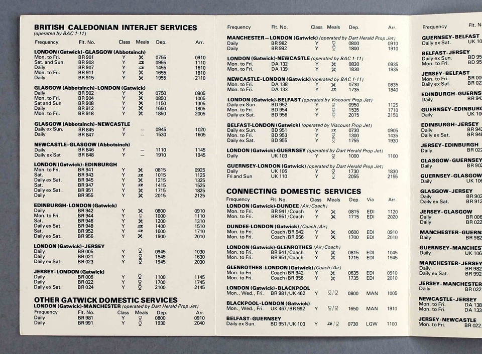 BRITISH CALEDONIAN INTERJET AIRLINE TIMETABLE WINTER 1975/76 BCAL CABIN ...