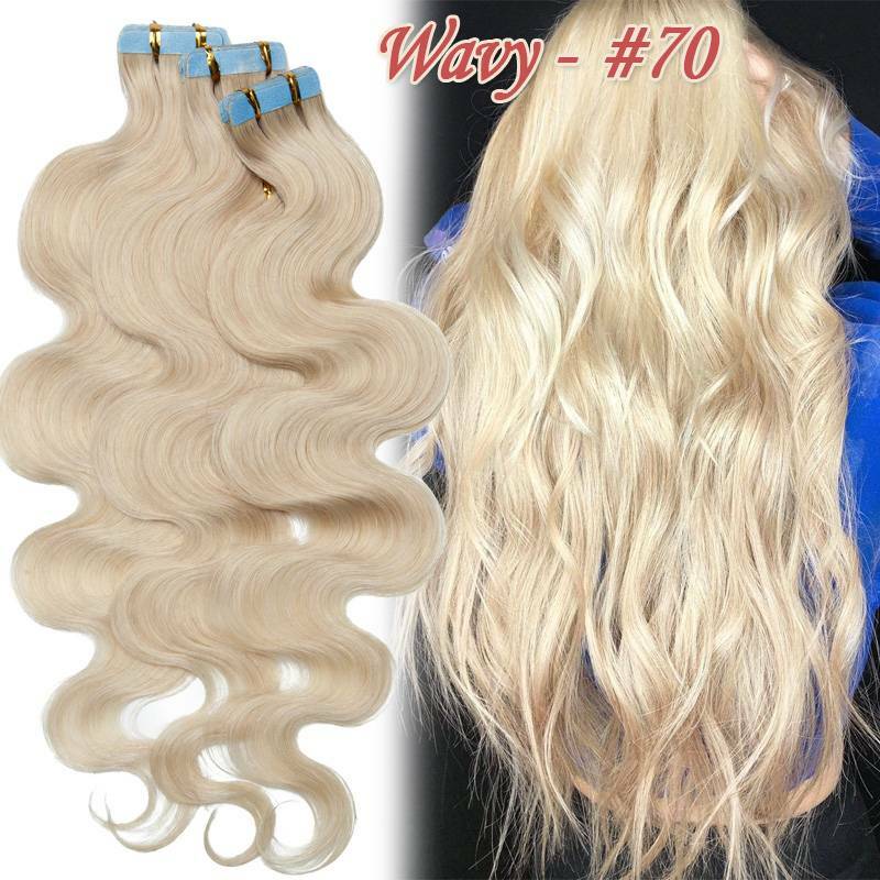 GREY Super Russian Tape In Real Remy Human Hair Extensions Wavy Skin ...