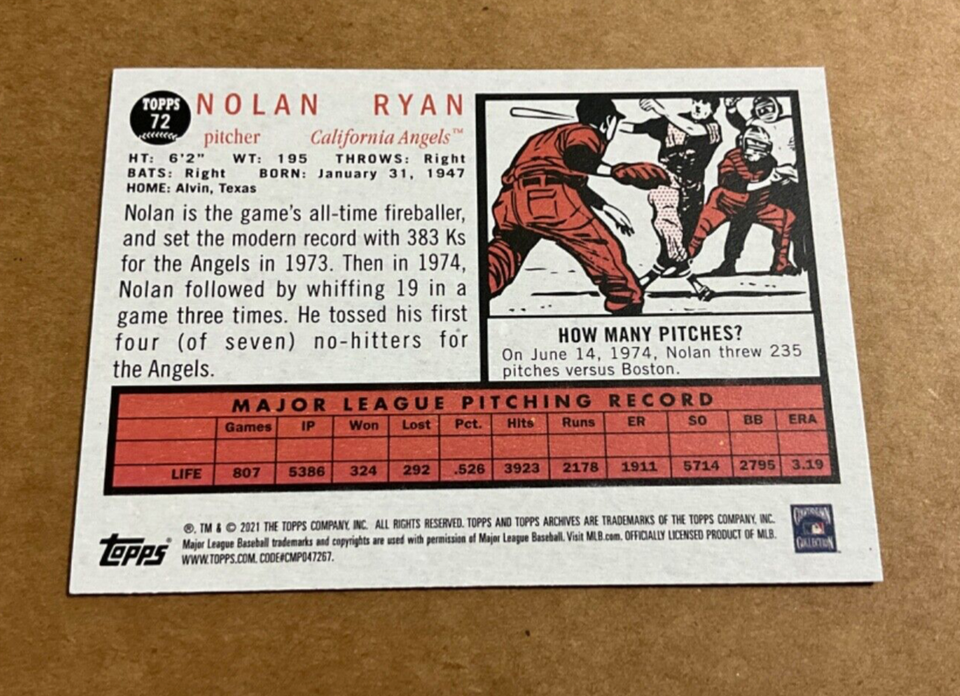 2021 Topps Archives 72 Nolan Ryan California Angels Baseball Card | eBay