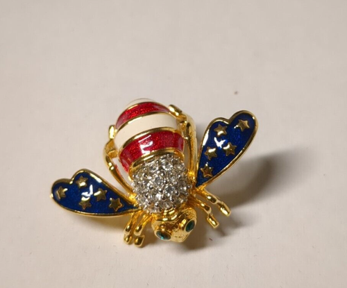 Joan Rivers Bee Brooch Vintage Enamel & Rhinestone American Flag Bee ...