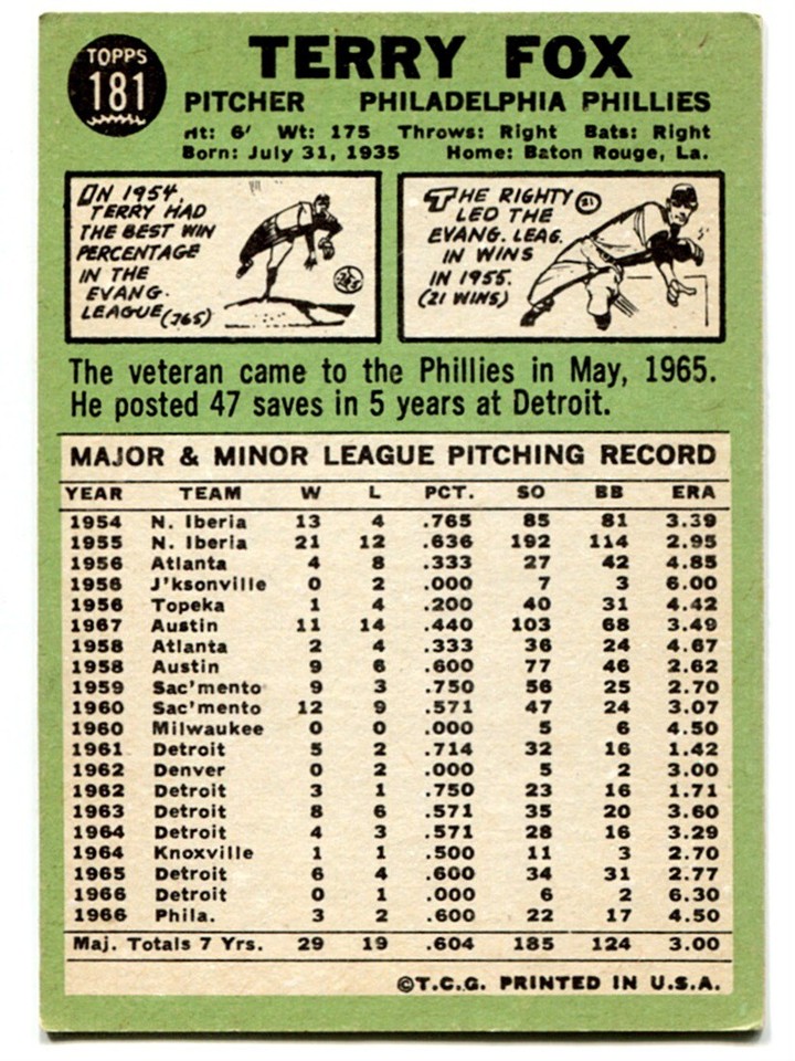1967 Topps #181 Terry Fox Baseball Card - Philadelphia Phillies | eBay