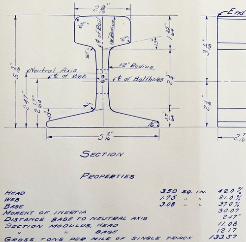 1945 Railroad Bangor Aroostook 85 LB Rail ASCE Standard Blueprint H15 ...