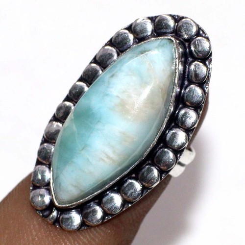 925 Silver Plated Larimar Ethnic Ring Handmade Gemstone Jewelry Size US ...