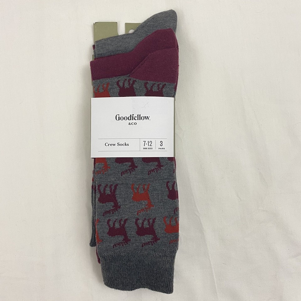 Goodfellow Mens Socks 7-12 Crew Dress 3 Pk Reindeer Stripes Red Gray ...