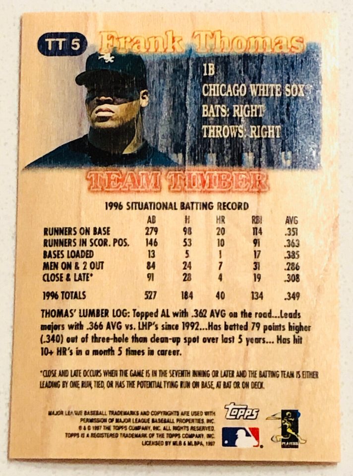 Frank Thomas 1997 Topps Baseball Team Timber Wood Bat NM-MT Card #TT5 ...
