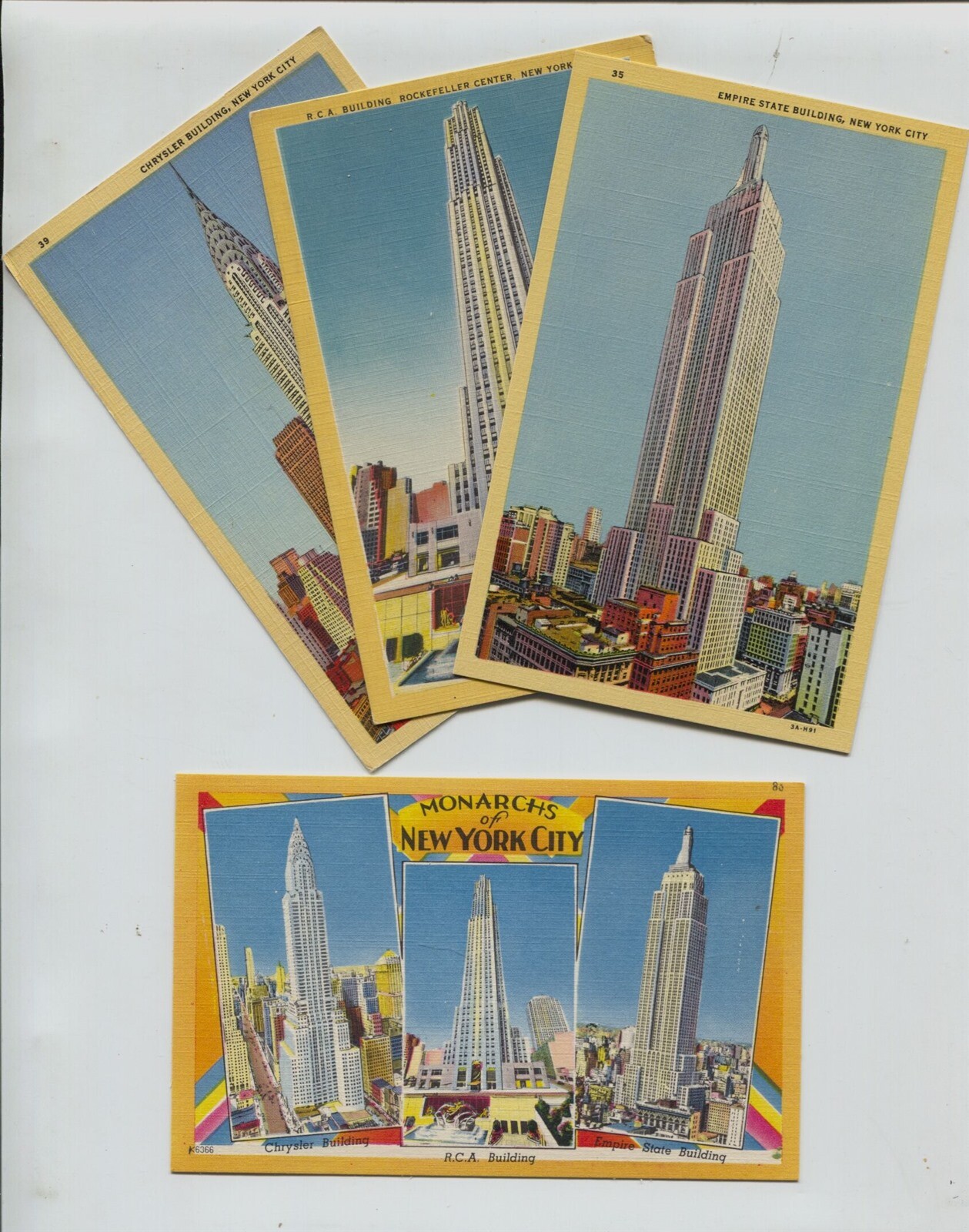 4 Linen New York City Skyscraper Cards Superb Color Art Deco ...