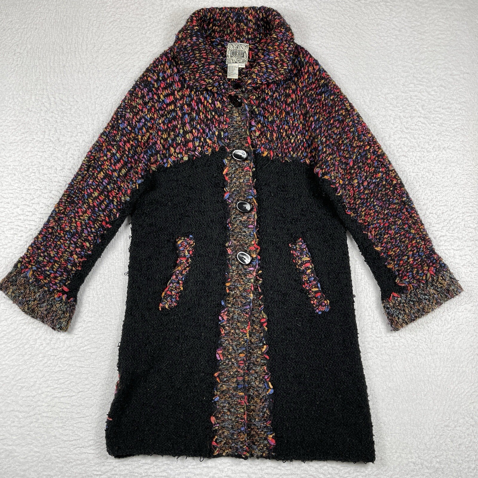 Curio Sweater Womens Large Chunky Knit Artsy Cardigan Longline Funky ...