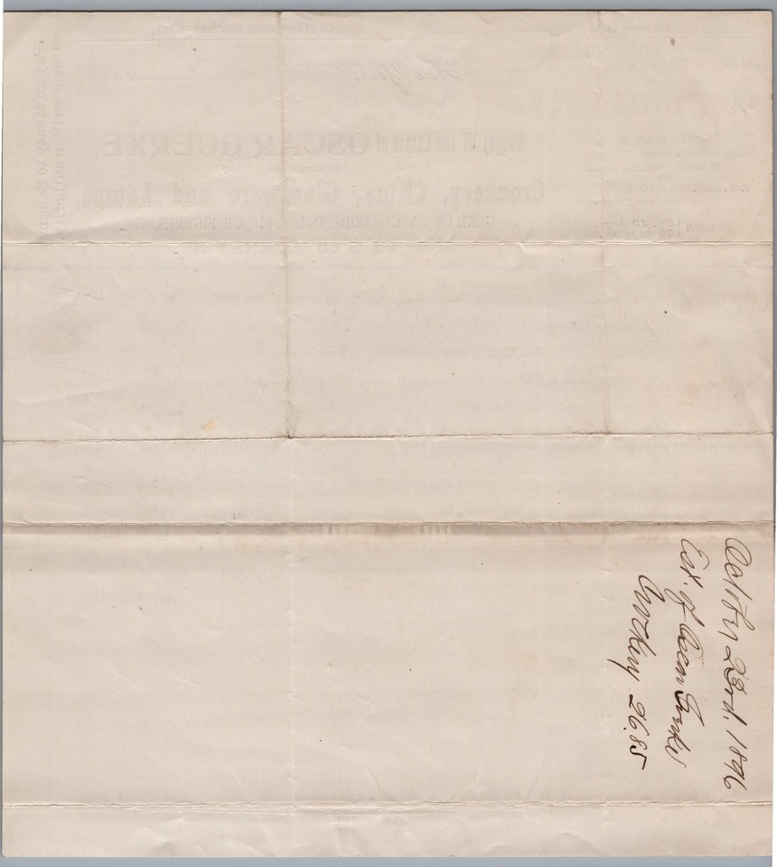 1896 Estate of Oscar Goerke Crockery, Glassware Invoice Billhead New ...