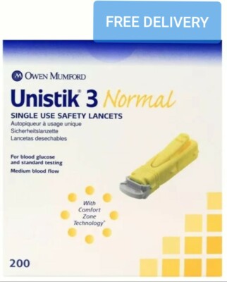 Unistik 3 Normal Single Use Safety Lancets Pack of 200 Brand New-Free ...