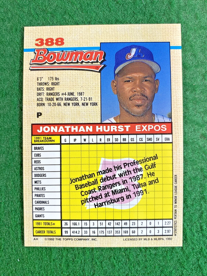 1992 Topps Bowman #388 RC Jonathan Hurst Montréal Expos MLB | eBay