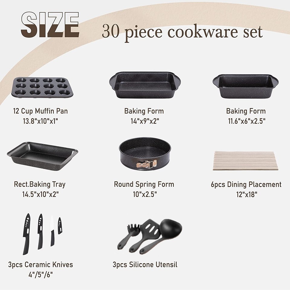 30 Piece Cookware Set Pots and Pans Set Kitchen Granite Non Stick ...